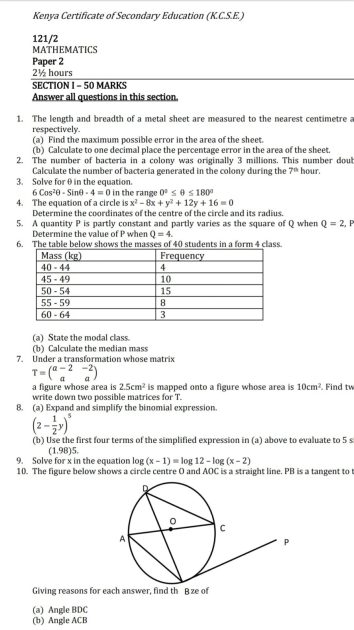 Free Mathematics Notes Revision Questions KCSE Past Papers Exams 
