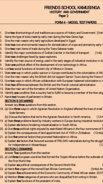 Free History Government Notes Revision Questions KCSE Past Papers